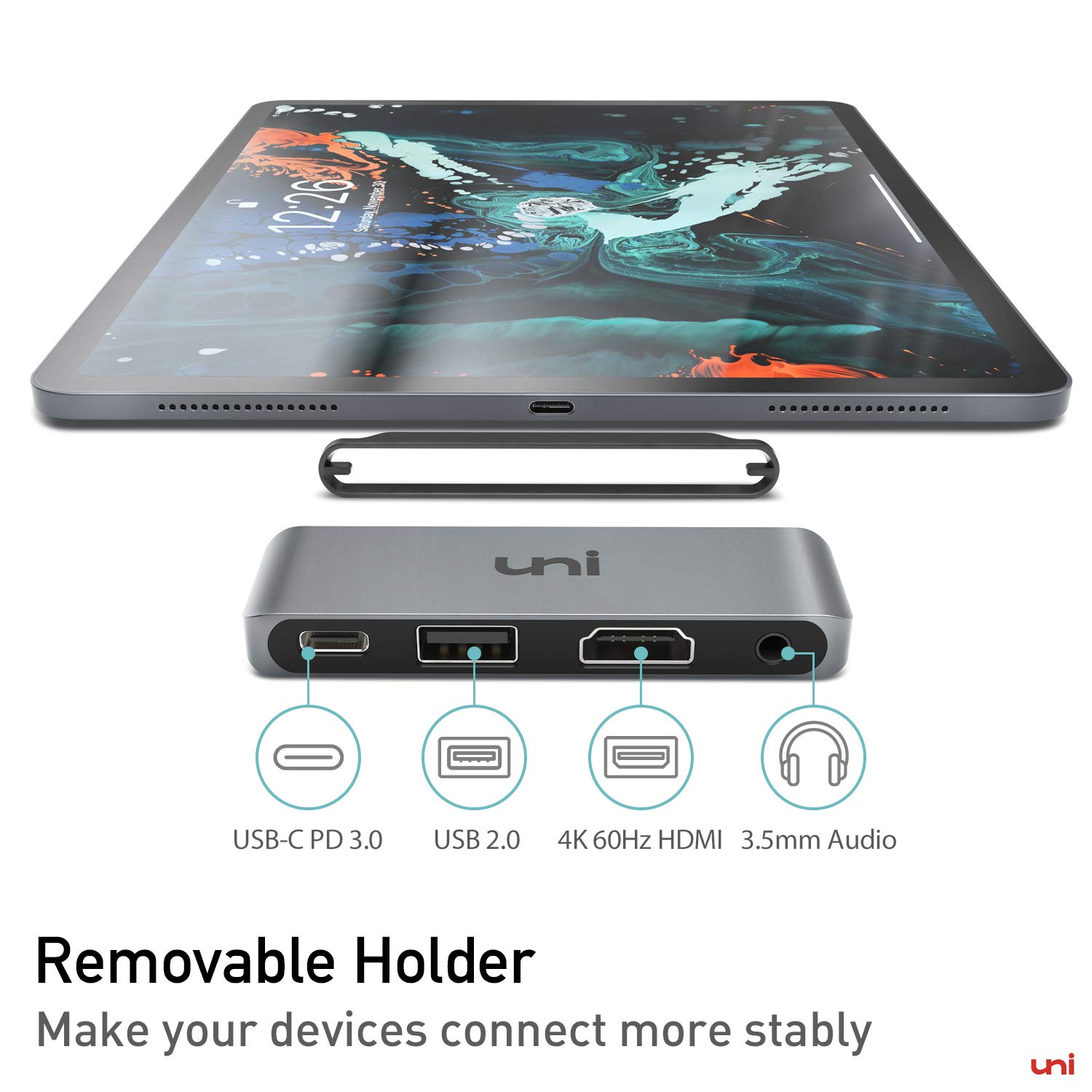 uni USB C Hub Adapter for iPad Pro 2021, Aluminum 4 in 1 Hub with 4K 60HZ HDMI, 3.5mm Headphone Jack, USB 2.0 and 3.0 60W PD. Compatible with iPad Air 2020, MacBook, XPS, Surface Book 2 and More