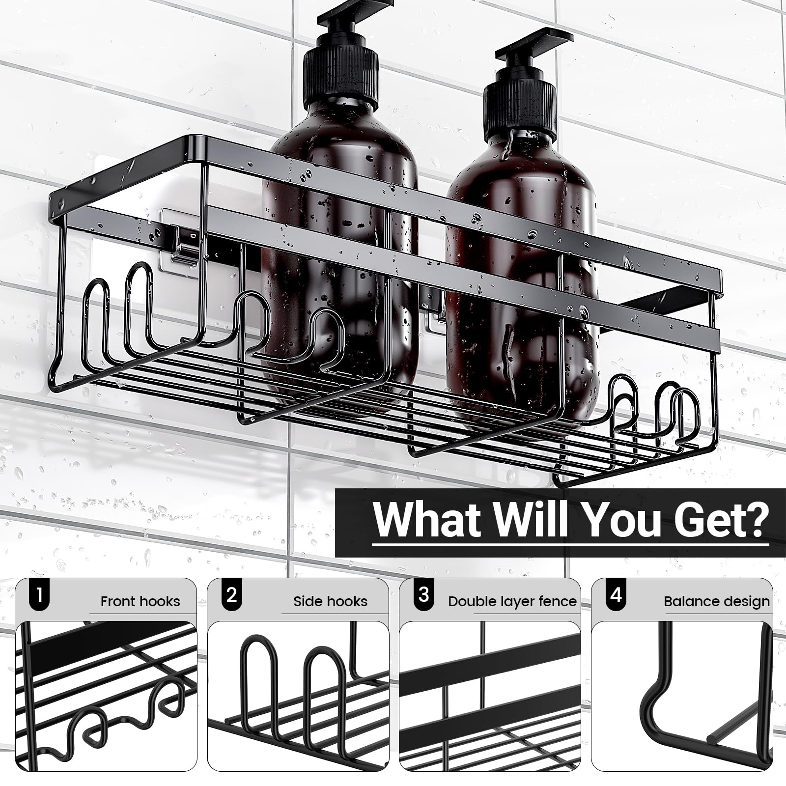 WOWBOX Shower Caddy Shelf Organizer, 2 Pack Adhesive Black Bathroom Accessories, Save Space with Hooks, Toiletries Organization And Storage Stainless No Drilling Shower Shelves