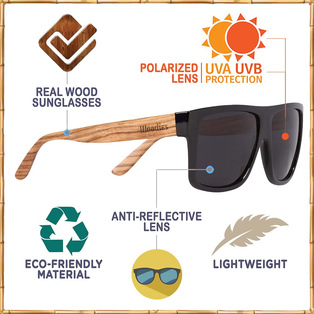 Woodies Black Oversized Flat Top Square Zebra Wood Sunglasses with Dark Polarized Lens for Men and Women | 100% UVA/UVB Protection