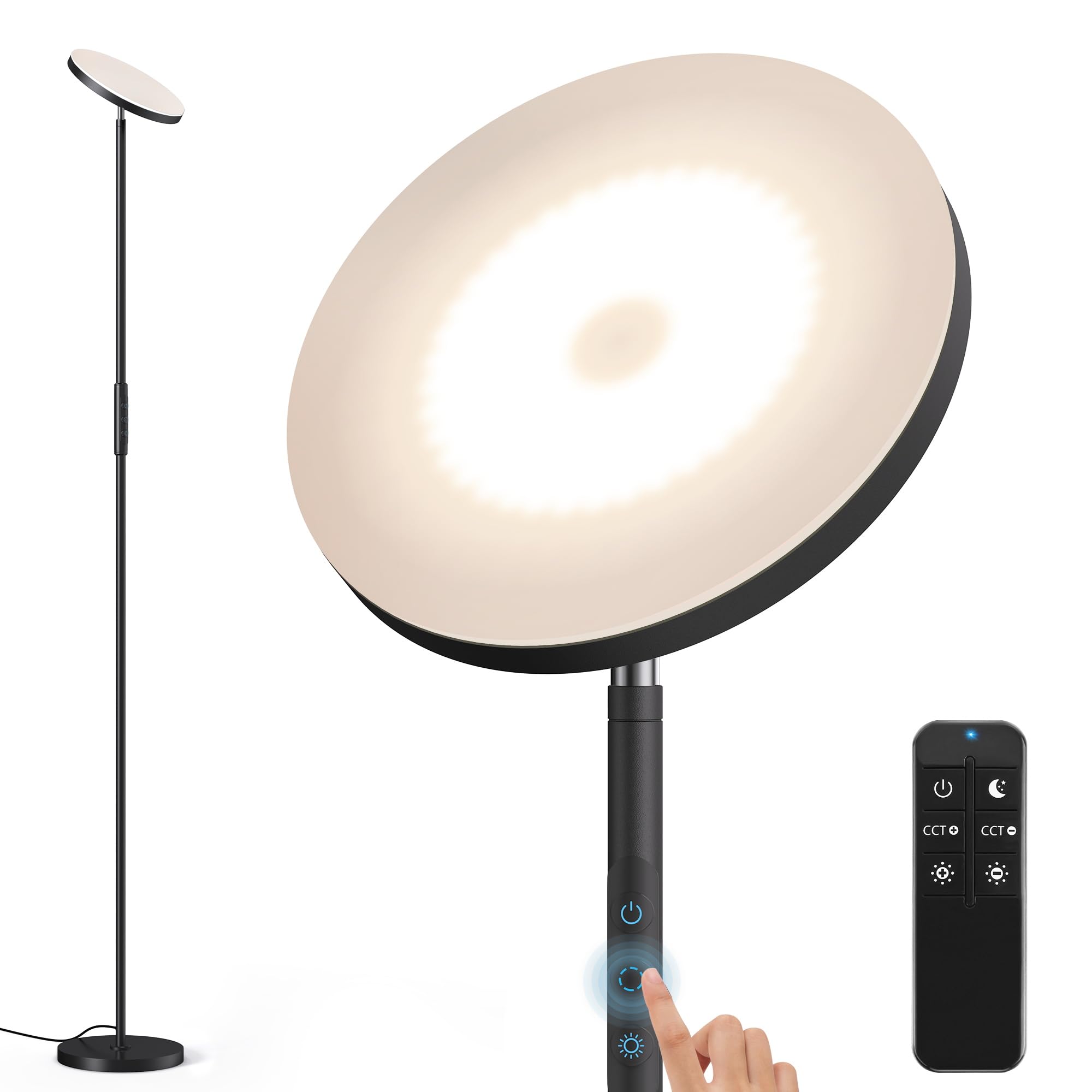 WOWLUMEN Floor Lamp,Bright 36W 3500LM Standing Lamp with Remote, 2700K Soft White to 6500K Cool White Adjustable,Touch Control Dimmable Torchiere Tall Lamp for Living Room,Bedroom,Office,Sofa(Black)