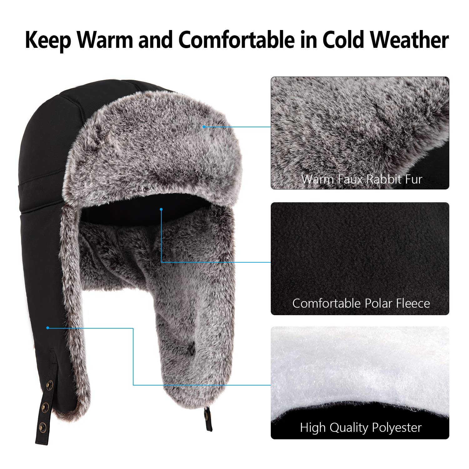 Unigear Winter Trapper Hat for Men Women, Faux Fur Ushanka Trooper Hat for Hunting Skiing with Detachable Face Mask Black