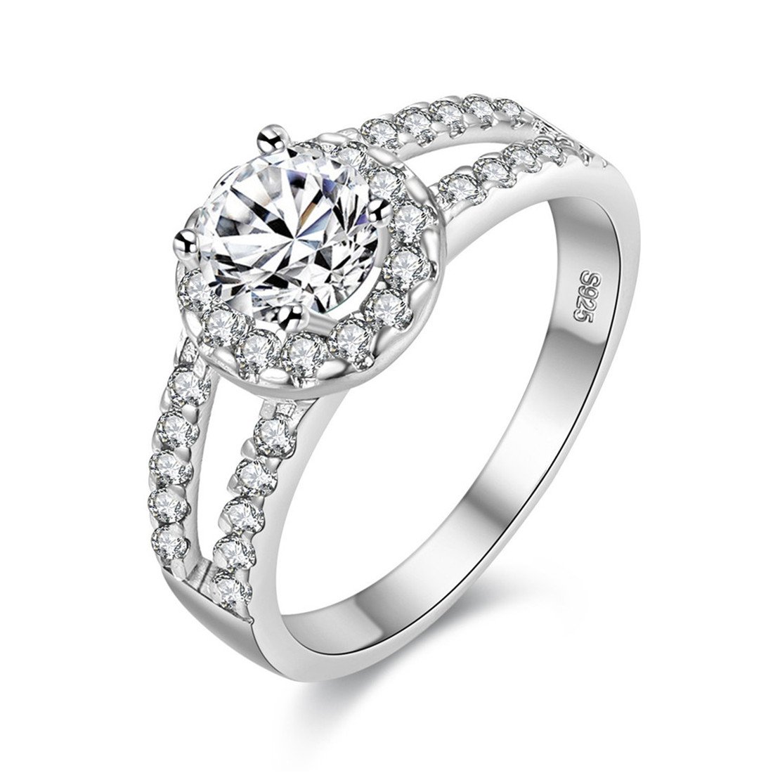 Uloveido Round Cut Solitaire Synthetic Diamond Rings White Gold Plated Split Shank Engagement Wedding Promise Jewelry (Size 9) J510