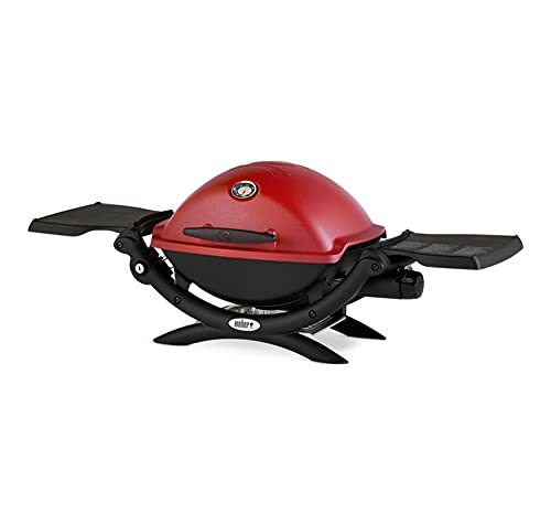 Weber Q 1200 Liquid Propane Gas Grill (Red) Bundle with Portable Grilling Cart and Grill Cover (3 Items)