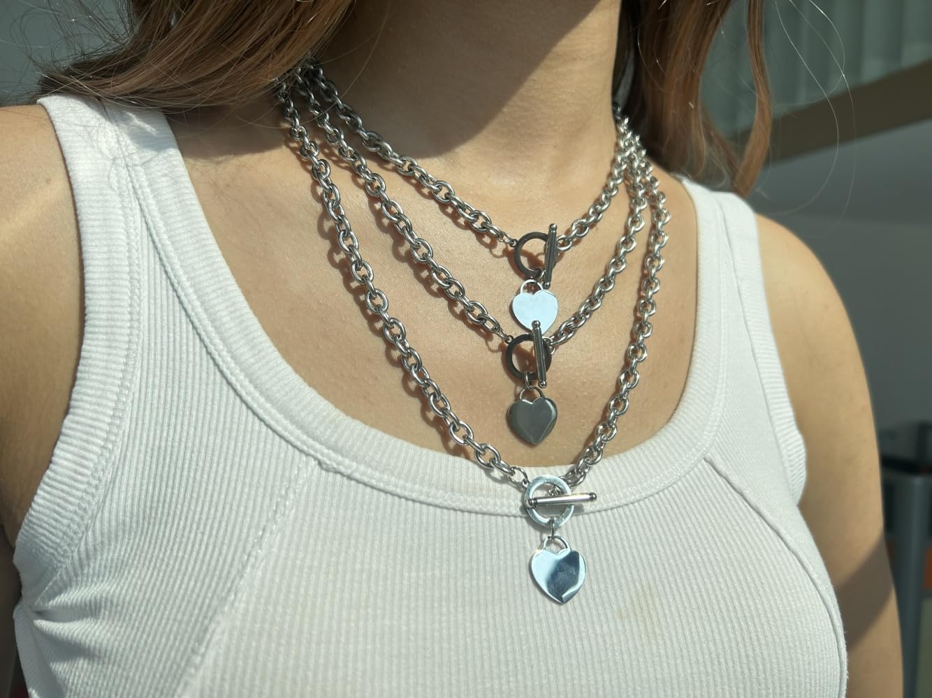 WangGao Elegent Love Stainless Steel Link Chain Blank Heart Charms Necklace for Women Toggle Clasp Closure,Silverā¦