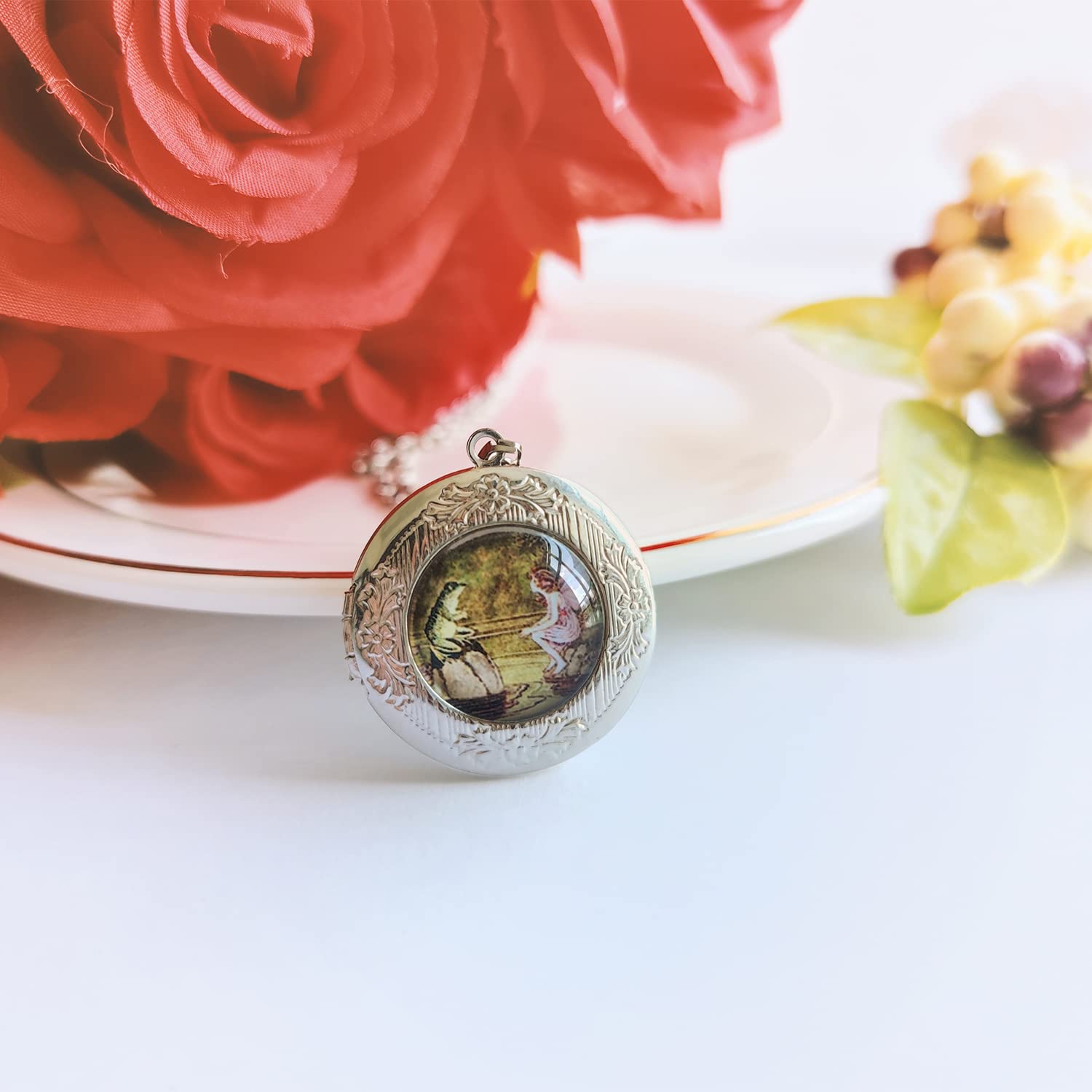 Women's Custom Locket Closure Pendant Necklace Frog and Fairy Fairy Tale Pixie Fantasy Art Included Free Silver Chain, Best Gift Set