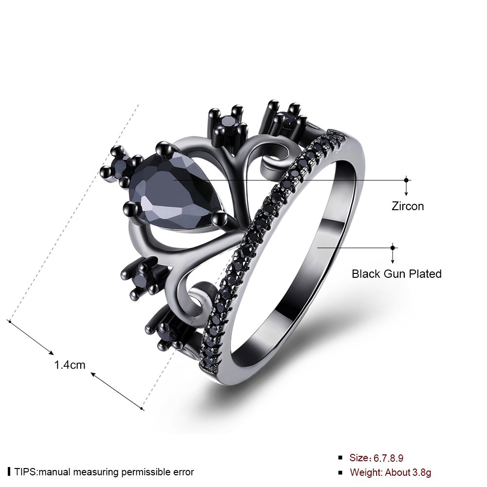WANGYUSHENG Womens Black Gold Plated Cubic Zirconia CZ Fashion Teardrop Princess Crown Tiara Ring Wedding Band (9)