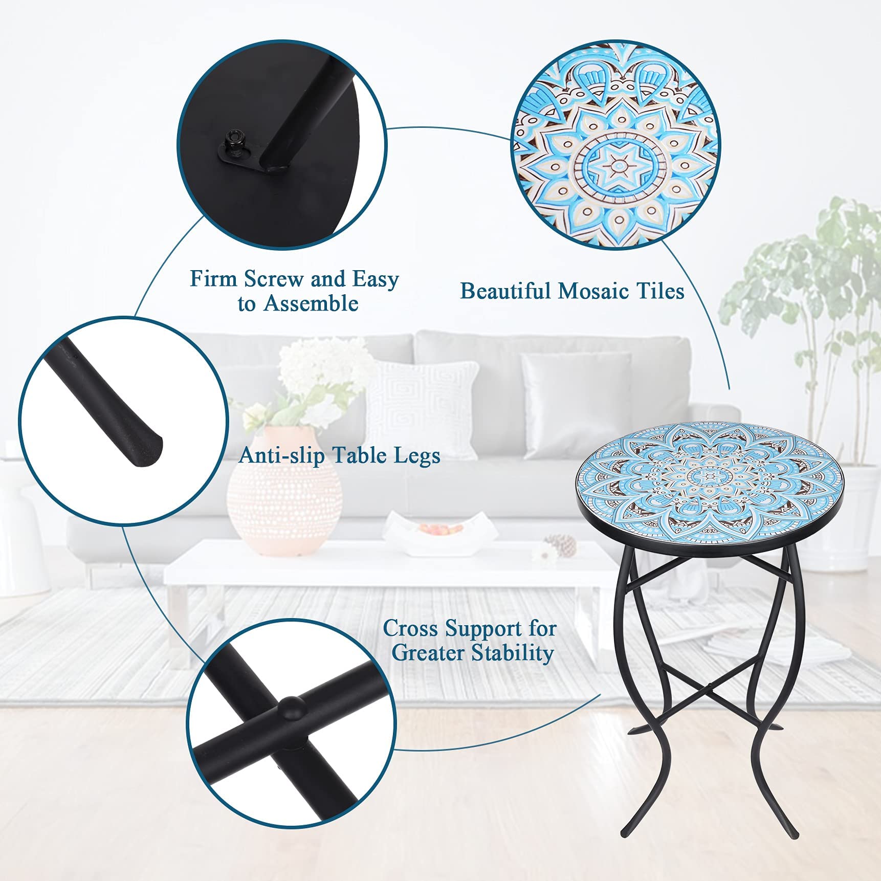 Vipush Mosaic Outdoor Side Table, 14" Round Folding End Table, Patio Accent Table Indoor Plant Stand for Living Room,Geramic Table Top Black Iron,Light Blue