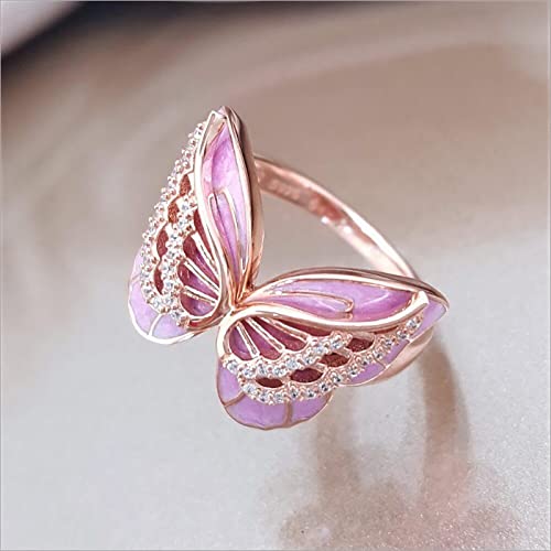 Women's Butterfly Ring Engagement Rings Statement Rings for All Women Cute Promise Rings for Her (Pink, 6)