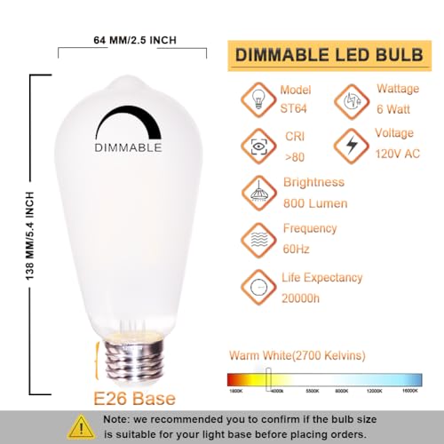 Vintage LED Bulbs ST64 6W Equivalent 60W, 2700K Warm White 800lm Dimmable Brightness LED Light Bulbs with E26 Base and Frosted Glass Cover, Pack of 3 (2700K, 6W)