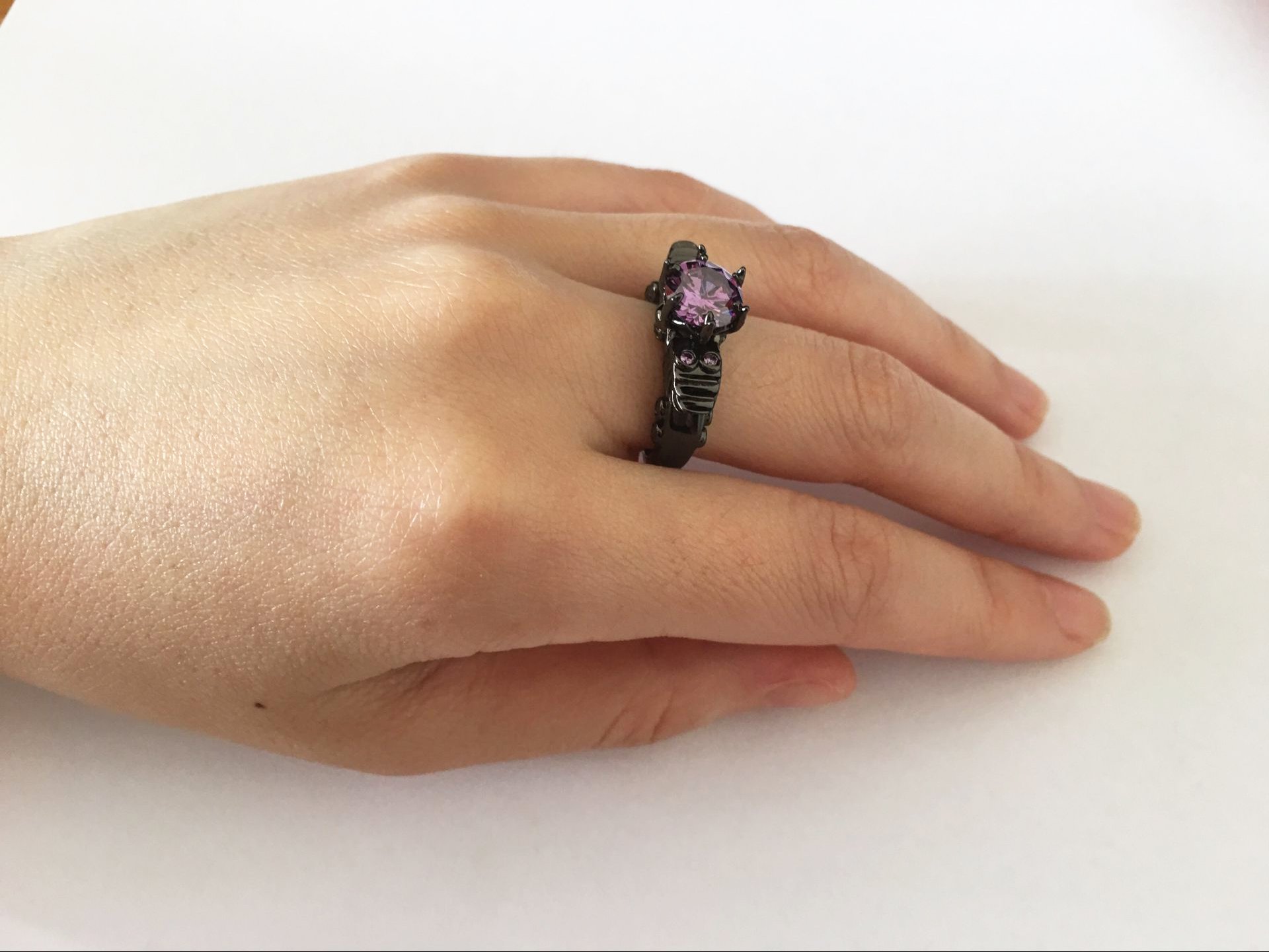 Vintage Black Gold Plated CZ Amethyst Gothic Skull Ring Purple Cubic Zirconia Retro Statement Cocktail Party Biker Rings (9)