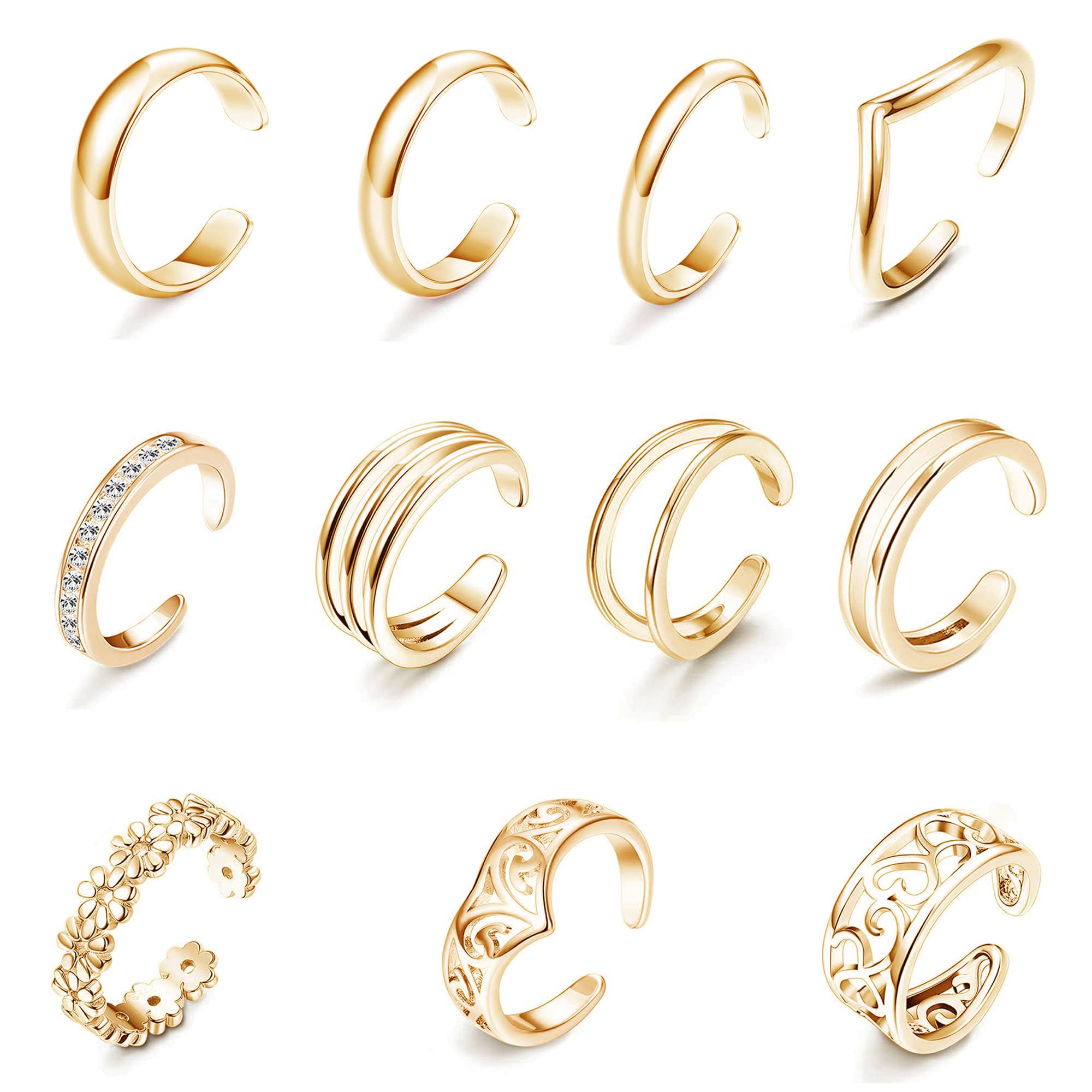 Subiceto 11 PCS Toe Rings for Women Adjustable Open Wave CZ Hollow Flower Celtic Knot Simple Band Knuckle Tail Ring Set