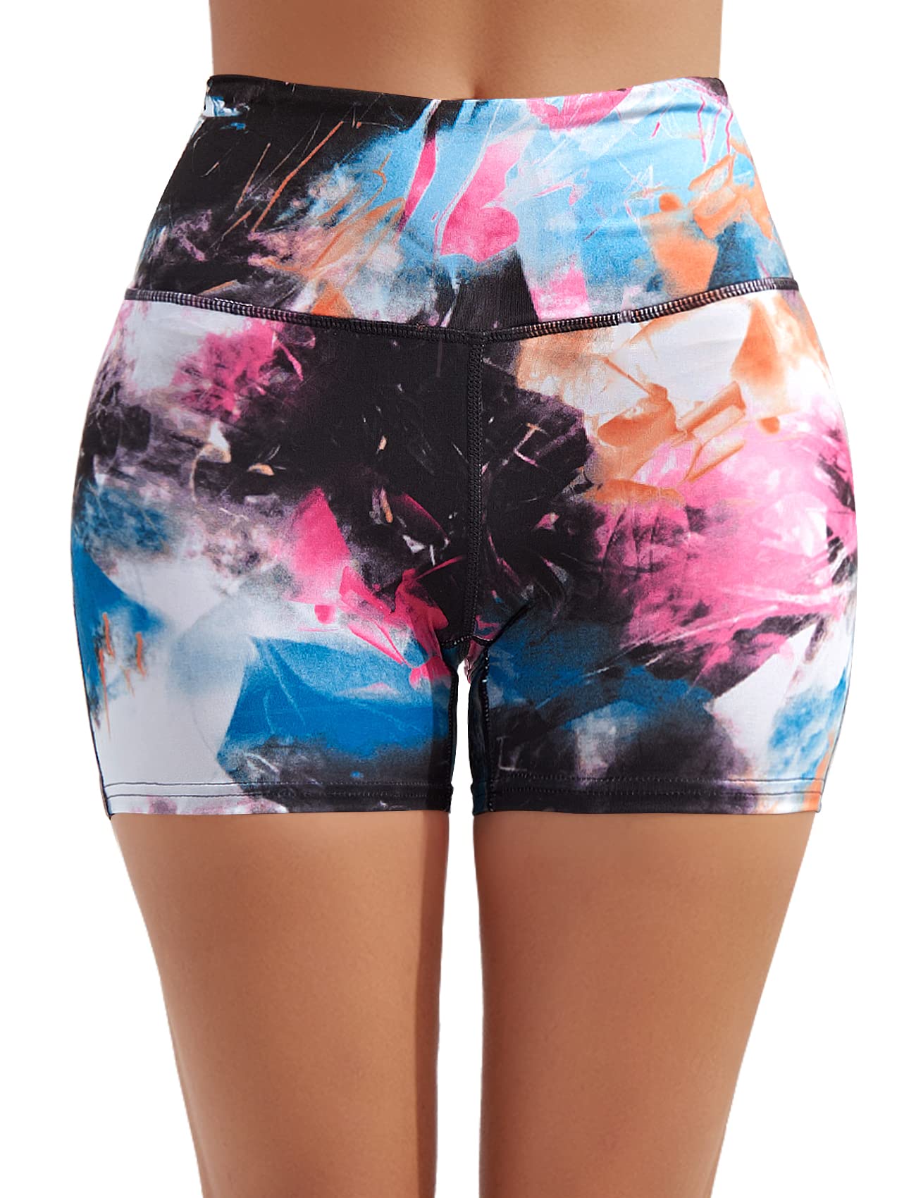Zengjo High Wasited Workout Shorts Women Printed for Biker Volleyball Yoga 4 Inch(Black/Sky Blue,S)