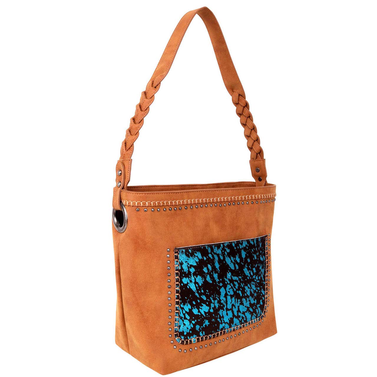 Women's Leather Hobo Purse Western Shoulder Handbag Tooled Studded (Black w hair)