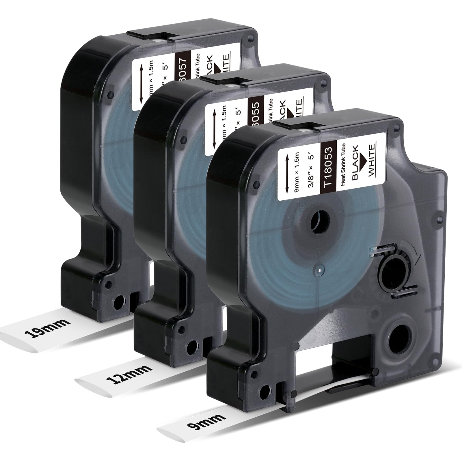 Topcolor 3-Pack Compatible Label Tape Replacement for Dymo 18053 18055 18057 Rhino Industrial Heat Shrink Tubes 3/8" 1/2" 3/4" Black on White Labels for Rhino 4200 5000 5200 6000 Laber Makers