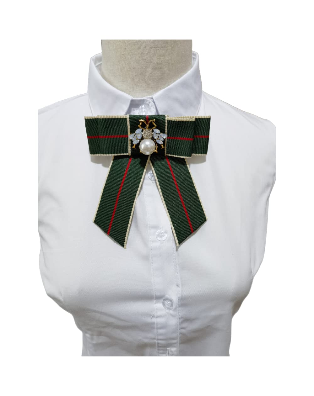 Vpang Crystal Bee Bow Brooch Pre-Tied Neck Tie Brooch Pin Striped Bow Tie for Women Wedding Party Bow Tie (Green)