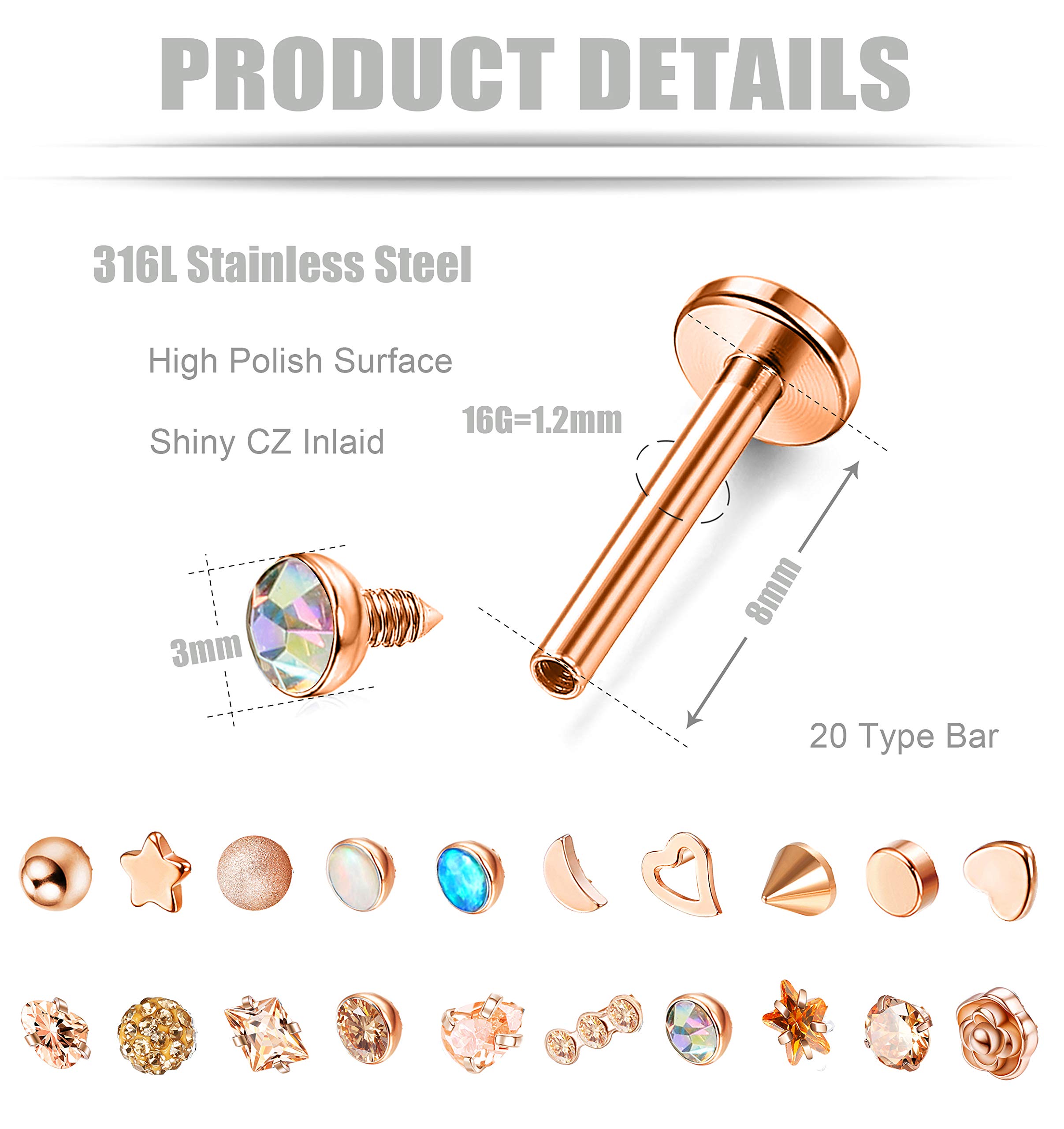 Subiceto 16G Stainless Steel Forward Helix Monroe Labret Lip Nose Studs for Men Women Tragus Cartilage Stud Earrings Cz Balls Heart Flower Medusa Piercings 20 Pcs