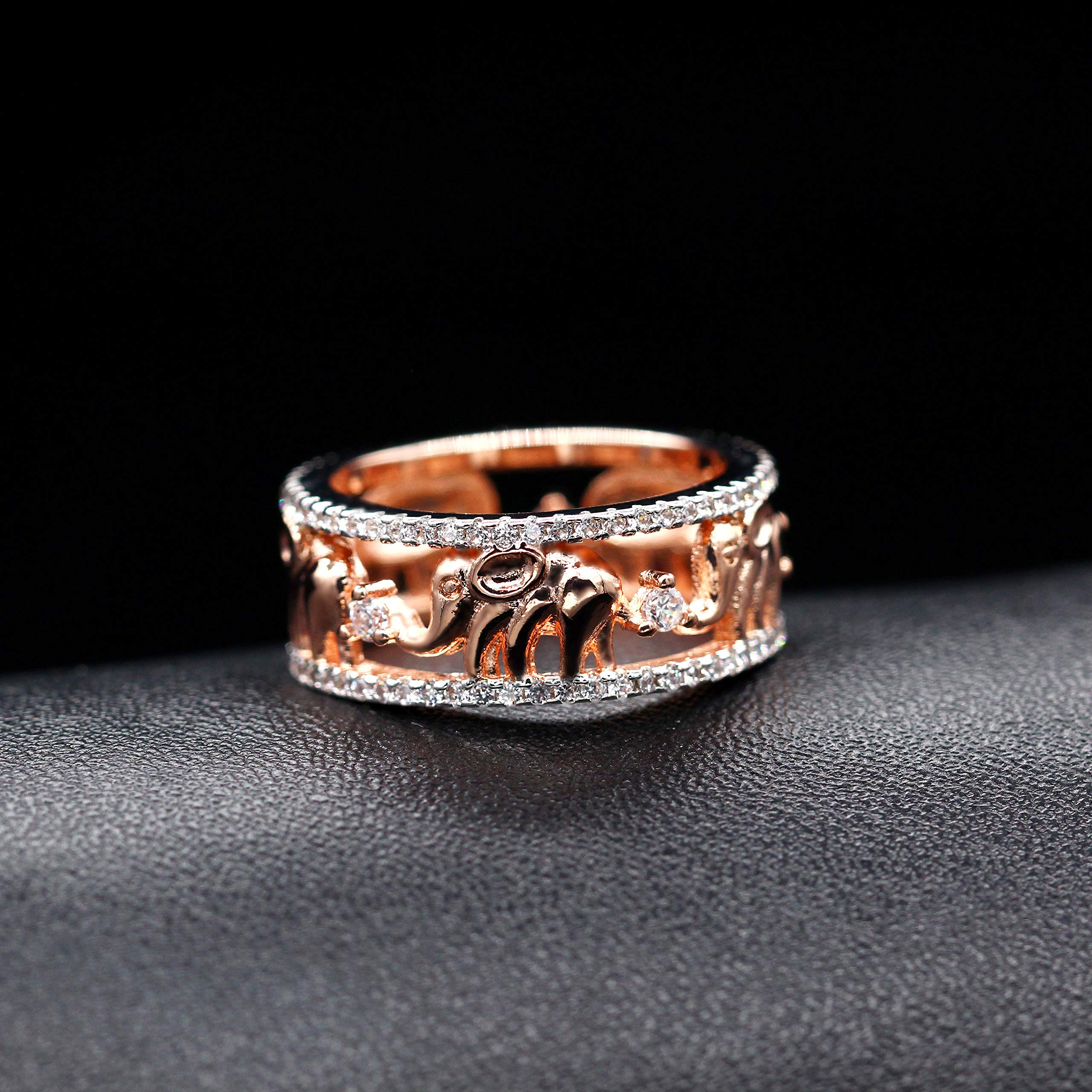 Uloveido Rose Gold Plated Wide Elephant Stackable Band Rings Eternity Animal Ring with 2 Rows of Cubic Zirconia Size 6 RA083