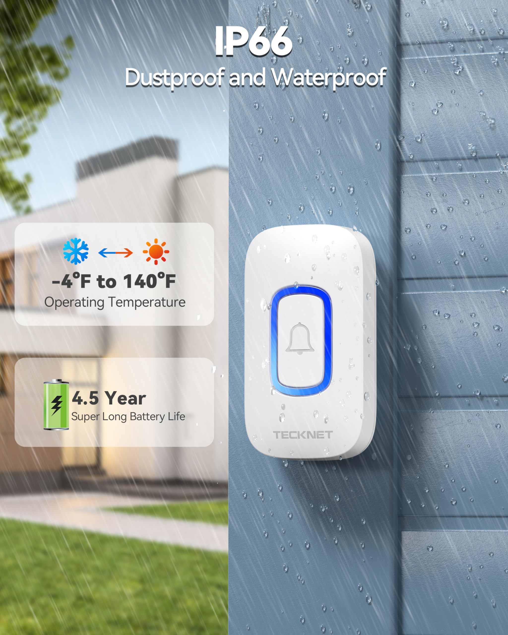 TECKNET Wireless Doorbell, Plug and Play, IP66 Waterproof Doorbell with RGB Light, 1300ft Door bell Kit, 60 Chimes & 5 Level Volume, 4.5 Years Using Time Cordless Doorbell for Classroom, Home
