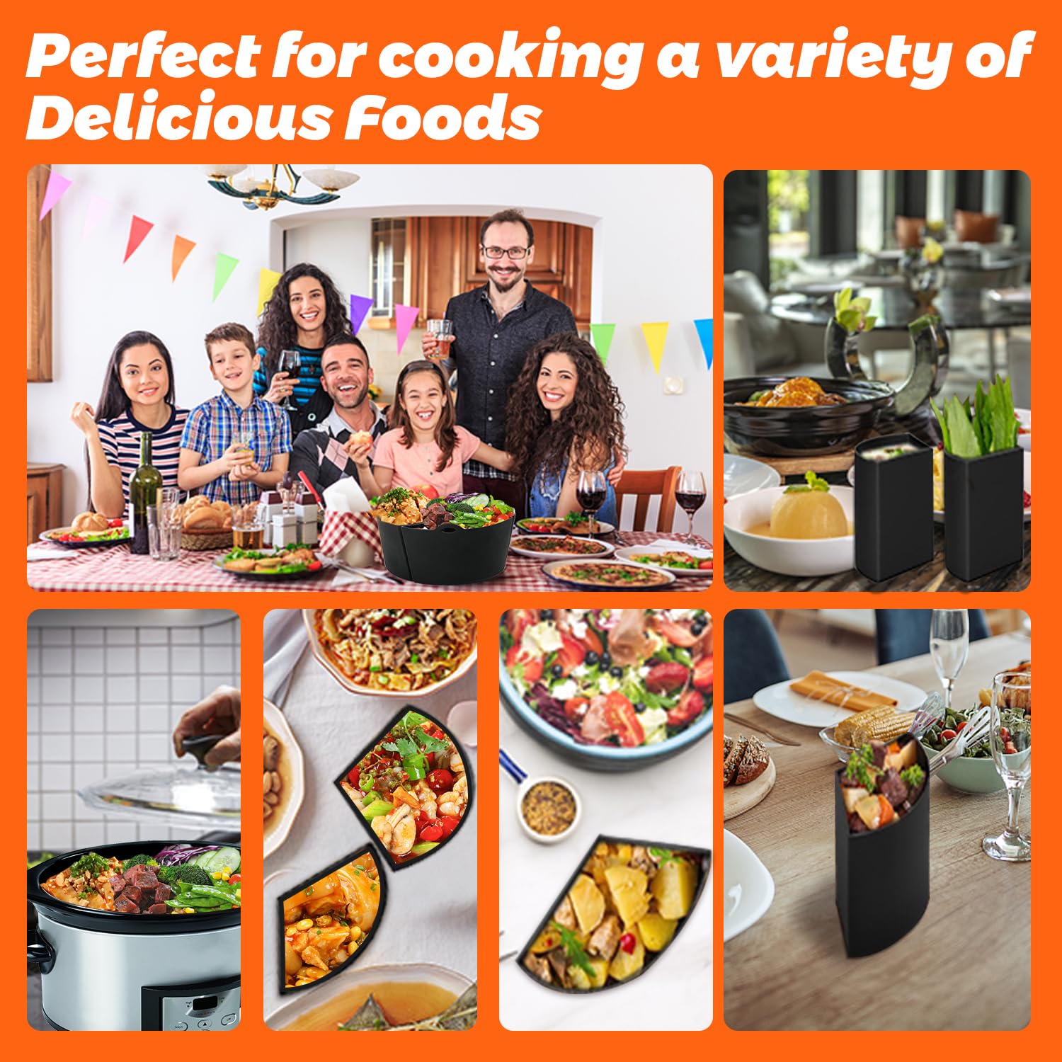 YSF Silicone Slow Cooker Liners, Reusable 3 Divider Inserts, Fits Crock-pot Oval 7 QT 3-in-1 Slow Cooking, Leakproof, Dishwasher Safe, Food-Grade BPA Free, 7 Quart Cook Three Dishes at Once (Black)