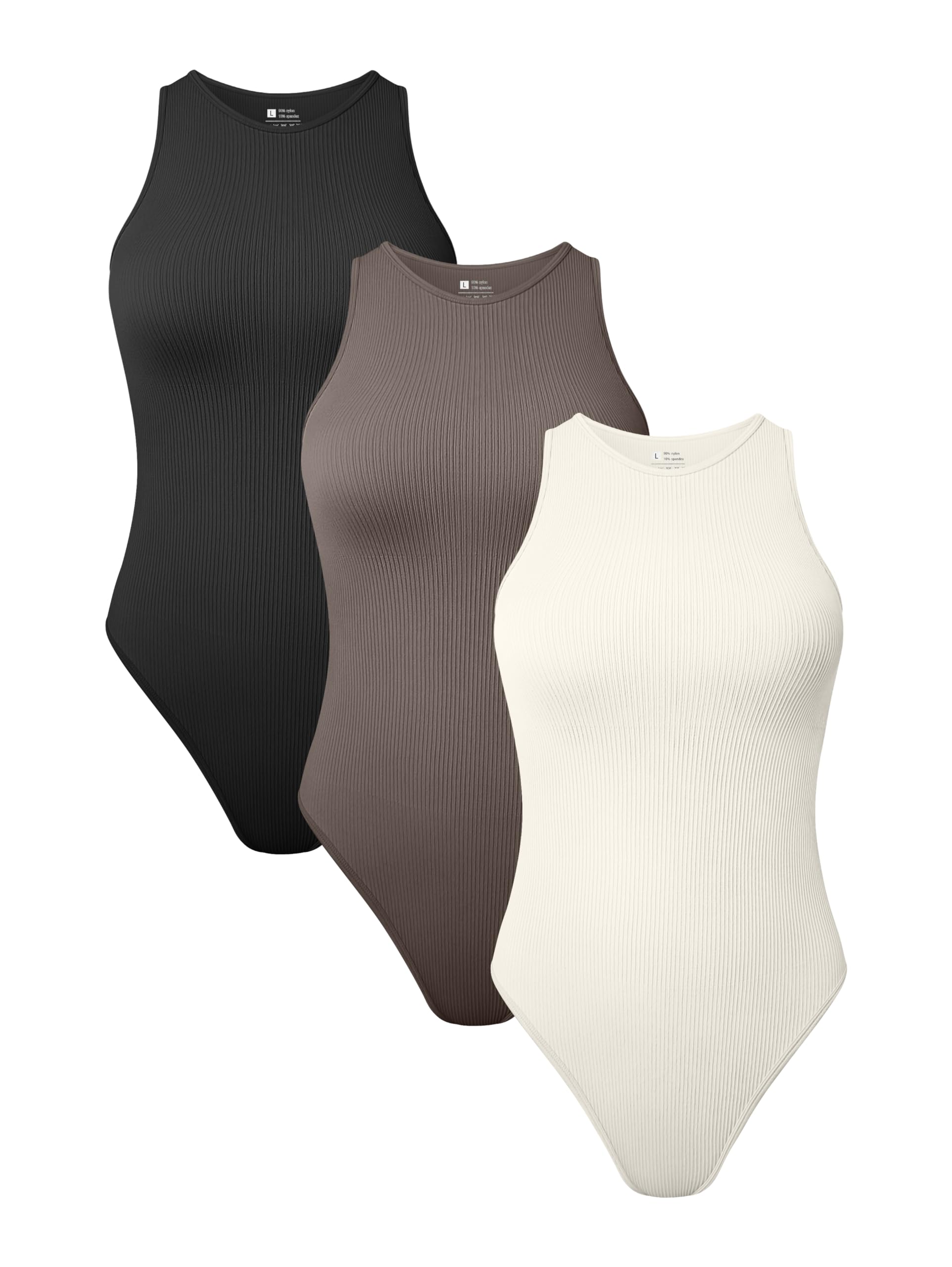 TOB Women's 3 Piece Bodysuits Sexy Ribbed Sleeveless Halter Neck Shapewear Bodysuits Black Tea leaf Beige