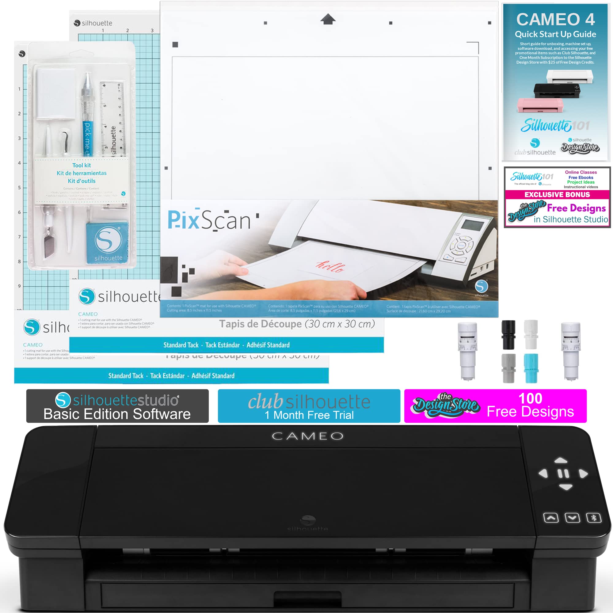 Silhouette Cameo 4 Vinyl Bundle 10 Sheets of Vinyl, Hook, Scraper, Transfer Tape, 20 Designs, AutoBlade, PixScan, 12β Cutting mat, Silhouette Handbook - Black Edition