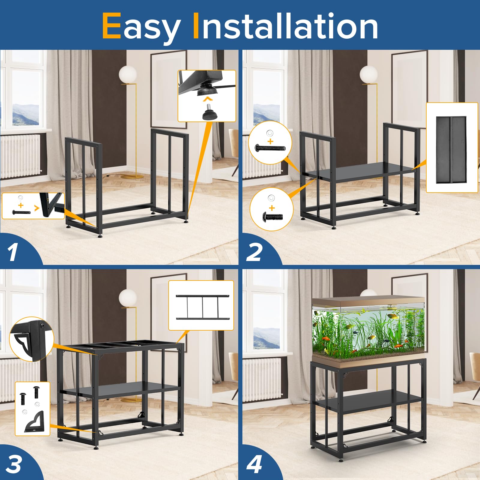 Tocretoare Fish Tank Stand 40 Gallon, Metal Aquarium Stand, Double-Layer Storage Design, Suitable for Home and Office Use, 660LBS Capacity, Black (Tank not Included) (SKU000671)