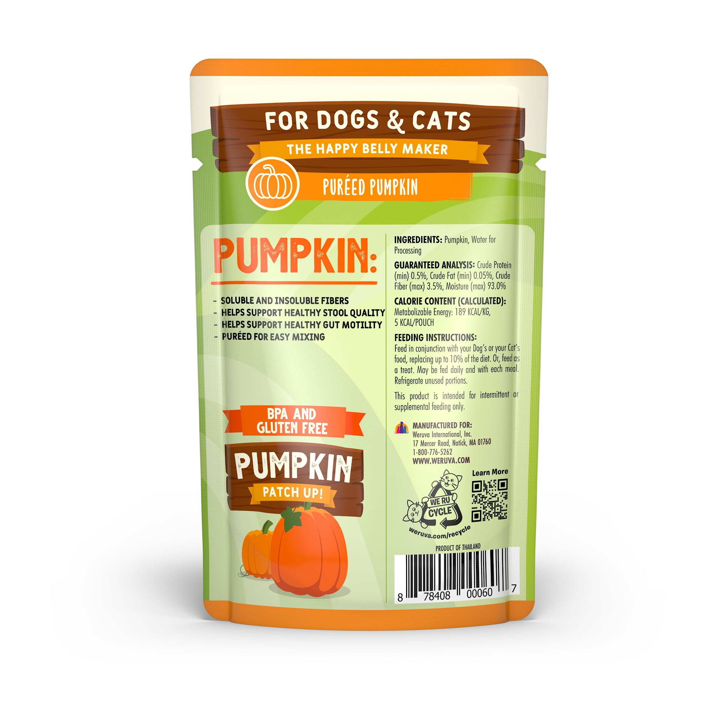 Weruva Pumpkin Patch Up! Pumpkin Puree Pet Food Supplement for Dogs & Cats, 1.05oz Pouch (Pack of 12)