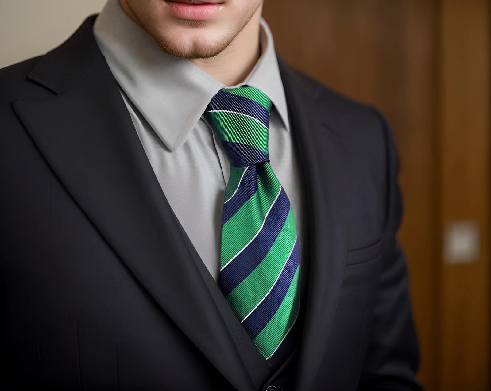 S&W SHLAX&WING Men's Ties Necktie Green Blue Stripe Classic Size 57.5"
