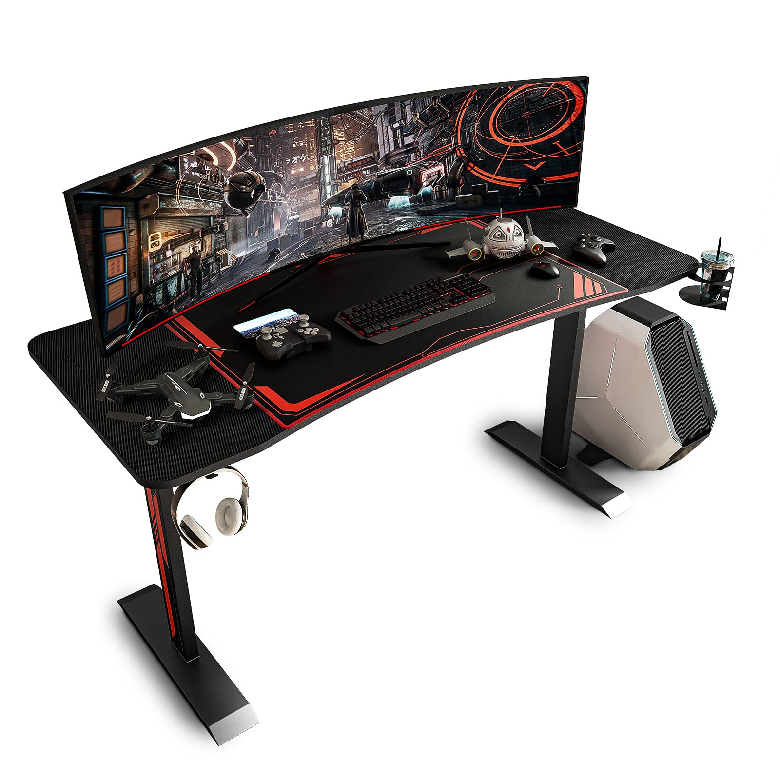 Sleepmax 55 Inch Gaming Desk, Heavy-duty Gaming Computer Table with Carbon Fiber Surface & Large Mouse Pad, Black PC Desk Gamer Setup with Cup Holder, Headphone Hook & Adapter Organizer