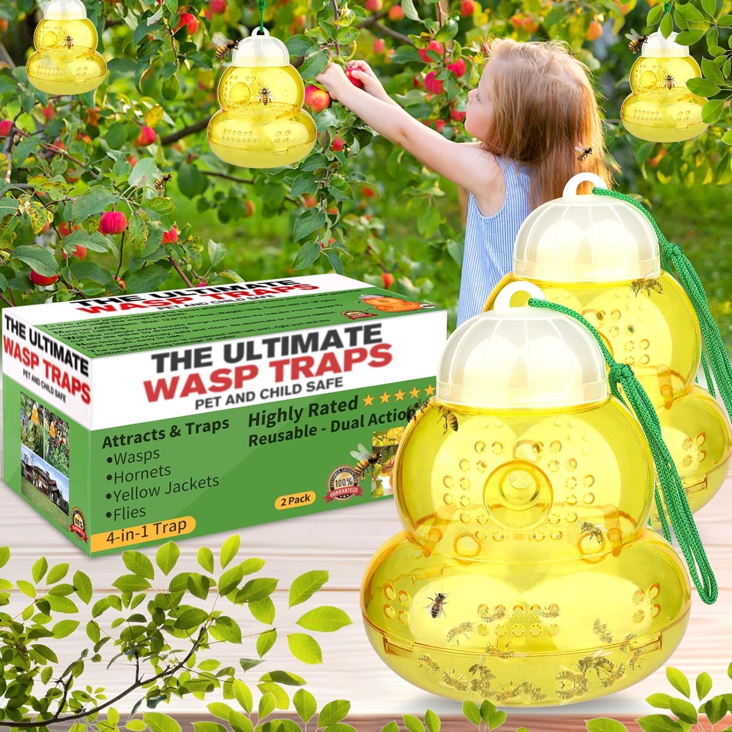Wasp Trap Outdoor Hanging, Bee Traps Catcher & Deterrent Killer Insect Catcher, Non-Toxic Reusable Hornet Yellow Jacket Trap Hanging (Yellow, 2 Pack)