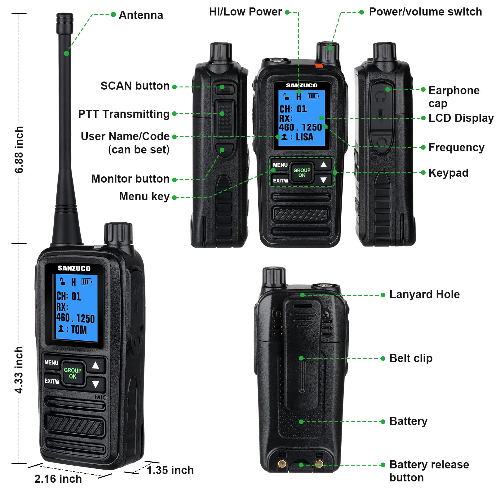 Walkie Talkies for Adults SANZUCO Long Range Walkie Talkies Two Way Radio Long Range 5 miles Distance Rechargeable 2 Two Radio 2000mAh Battery(2 Pack)