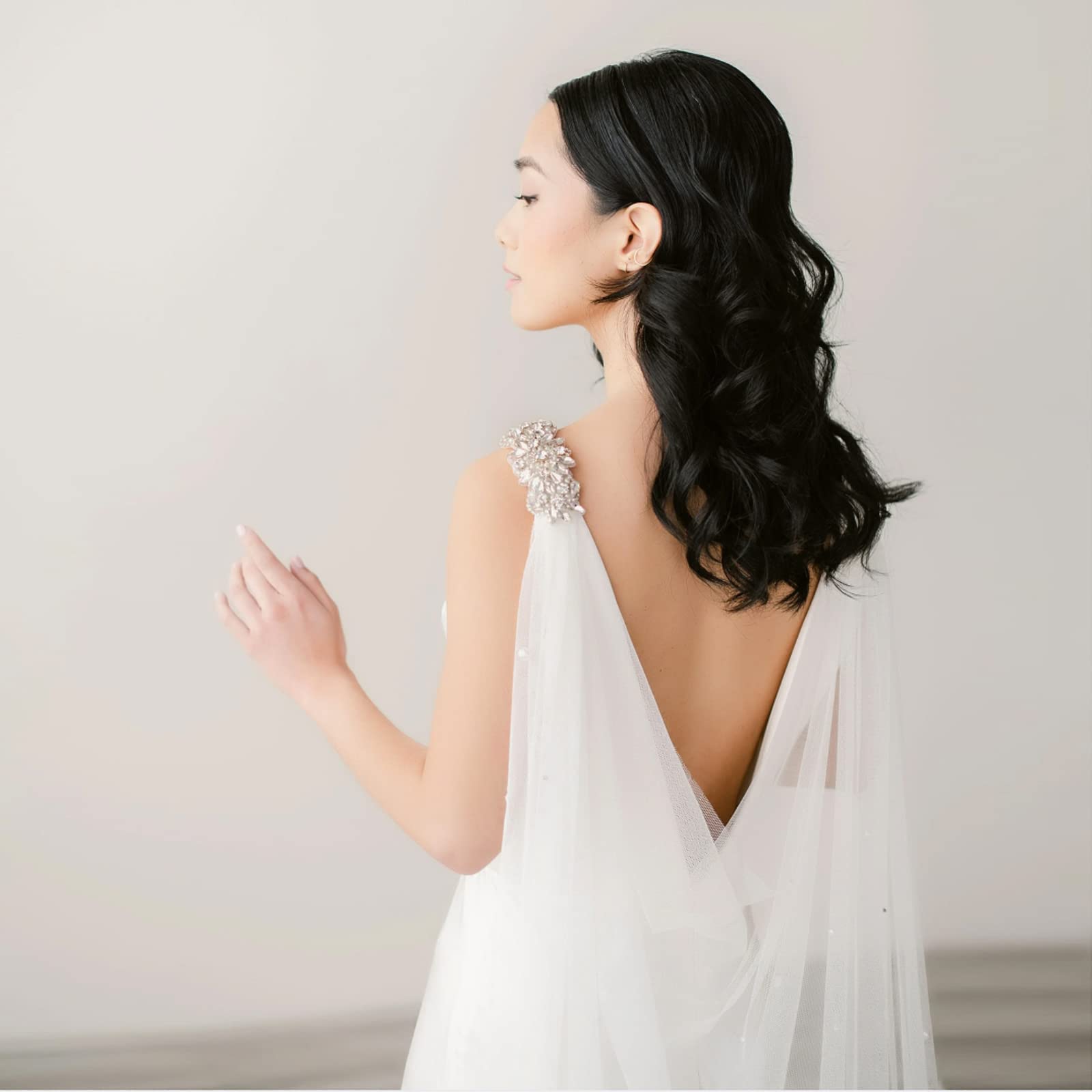 Women's Long Bridal Wedding Shoulder Capes Wedding Veil Cloak Pearl Veil (Ivory)