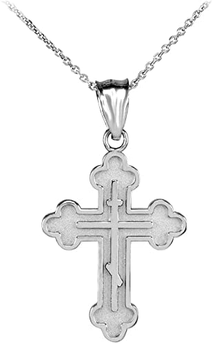 Religious Jewelry .925 Sterling Silver Russian Eastern Orthodox Cross Crucifix Bottonee Cross Matte Finish Pendant Necklace - 16"
