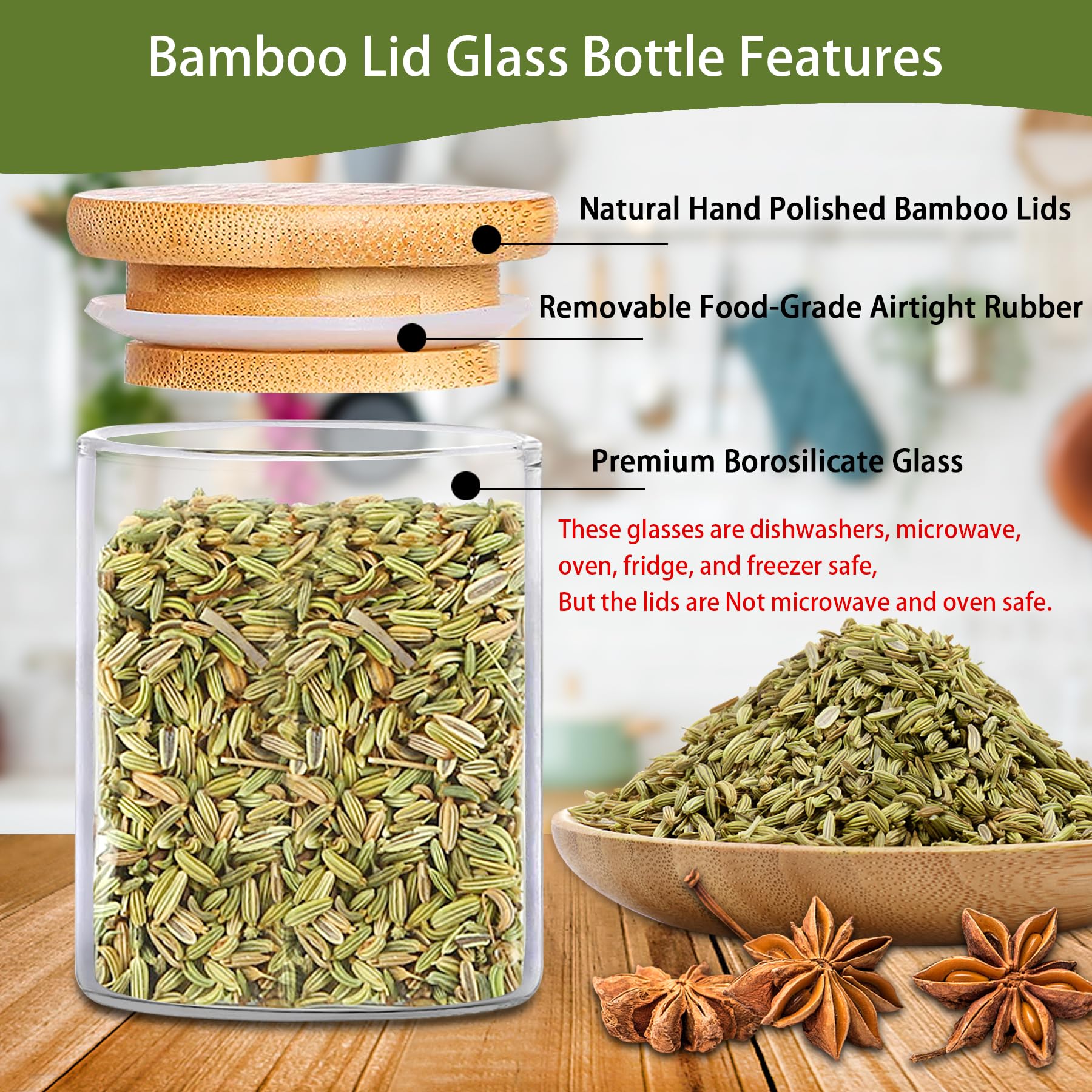 SLifeJars-Glass Jars with Bamboo Lids 32 oz 8 pcs Glass Food Storage Containers with Airtight Bamboo Lids, Glass Canisters Stackable Kitchen Pantry bamboo lid for Coffee Beans, Rice, Sugar and More