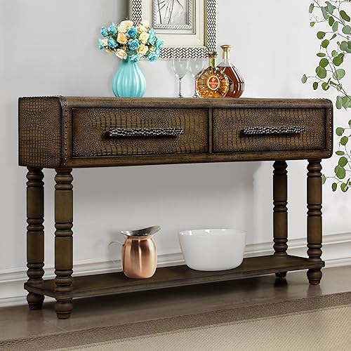 Tidyard Retro Sofa Table, 54 inch Pine Wood Console Table with 2 Power Outlets and 2 USB Ports Sofa and Couch End Table for Entryway, Foyer, Living Room, Bedroom Furniture