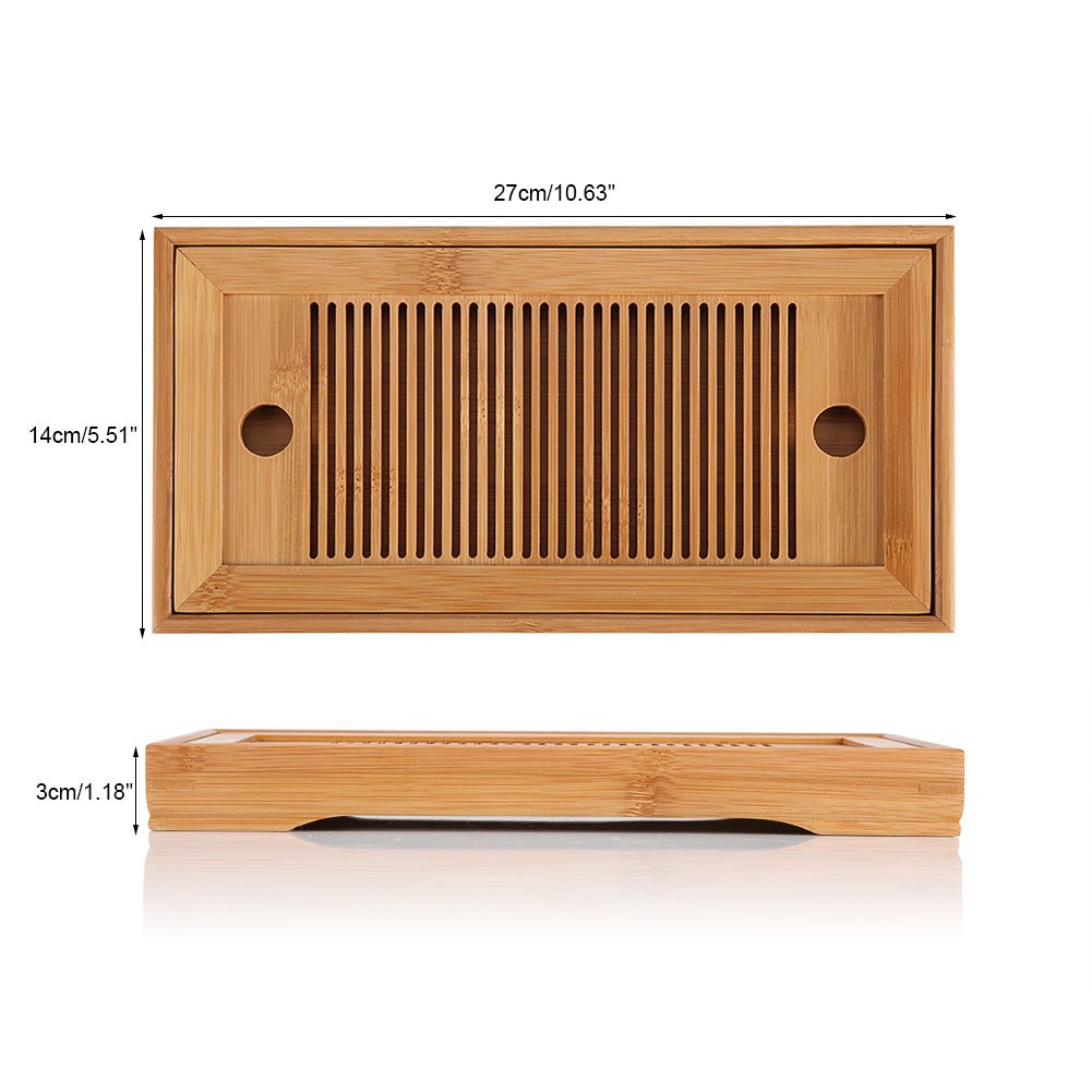 Zyyini Bamboo Tea Tray, Simple Tea Tray Premium Organic Multi-Functional Mini Bamboo Chinese Kongfu Tea Serving, Serving Tray Box Reservoir & Drainage Type for Teahouse