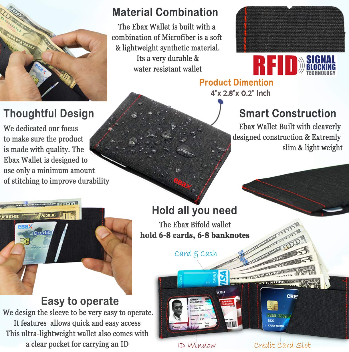 VBAX Microfiber Waterproof RFID Slim Bifold Wallet for Men - Minimalist Front Pocket Card Holder Holds up to 10 Cards and Cash, Grey Ash