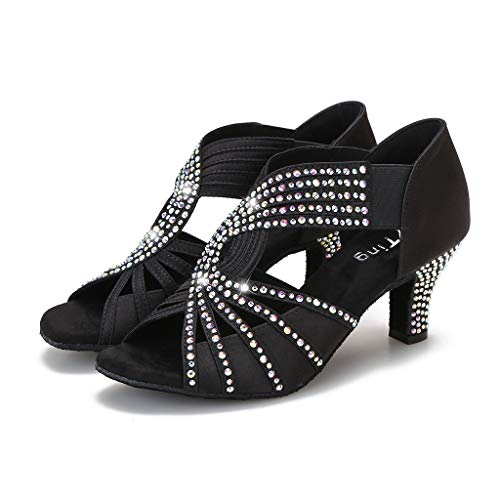 YYTing Half Rhinestones Ballroom Dance Shoes Women Latin Salsa Practice Wedding Indoor Crystals Footwear 2.5in Heels YT05(7,Black)