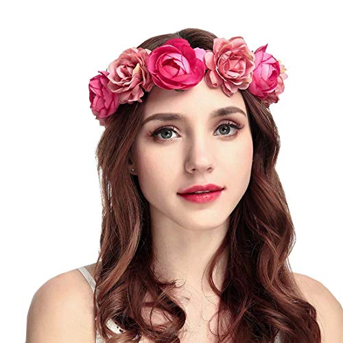 Women Rose Floral Crown Hair Wreath Leave Flower Headband with Adjustable Ribbon, Rose Red, Large