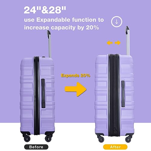 Tripcomp 3 Piece Luggage Sets, PC Lightweight Expandable Suitcase with Two Hooks, Spinner Wheels, TSA Lock, Purple (20/24/28)
