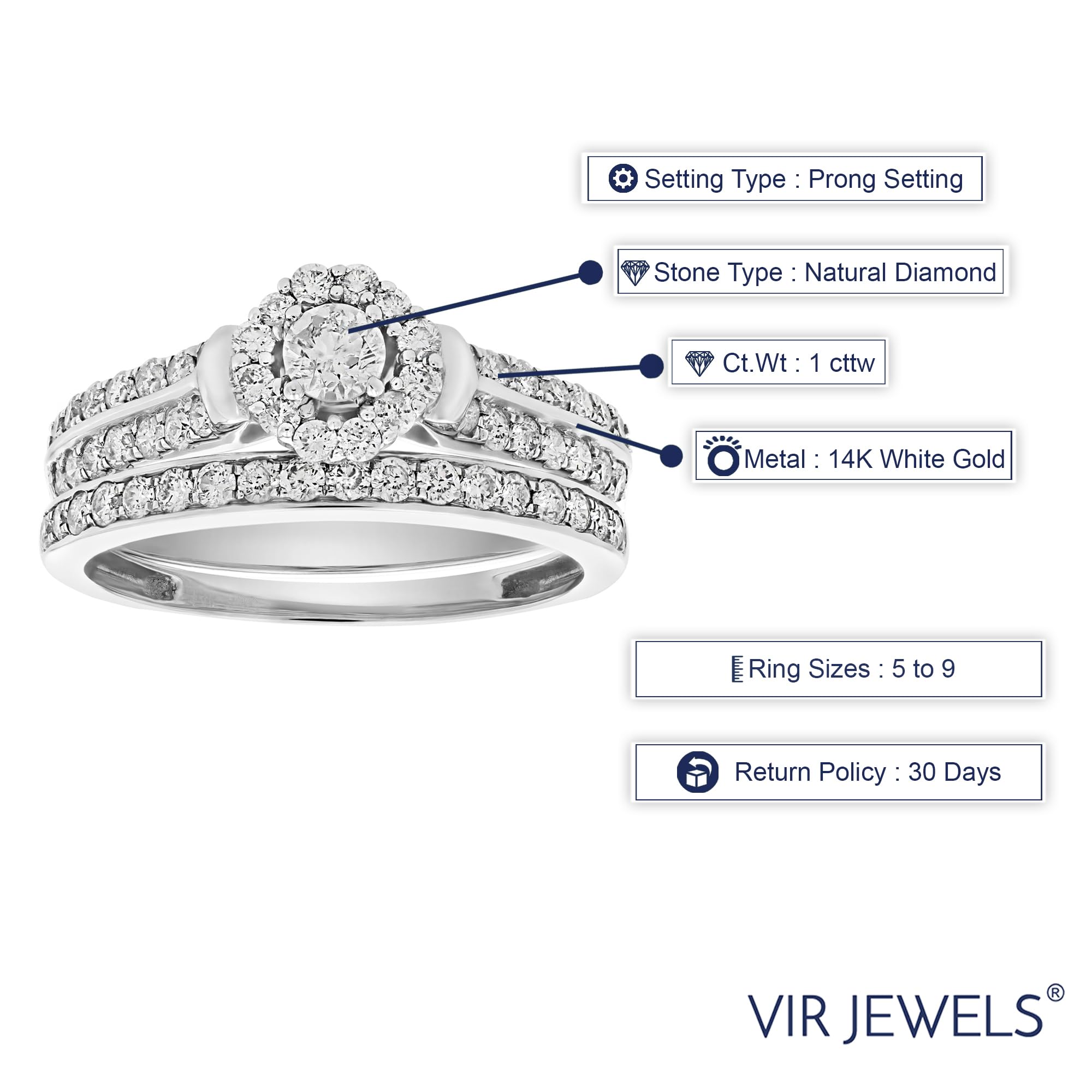 Vir Jewels 1 cttw Diamond Halo Cluster Wedding Engagement Ring Set 14K White Gold Bridal Size 6.5
