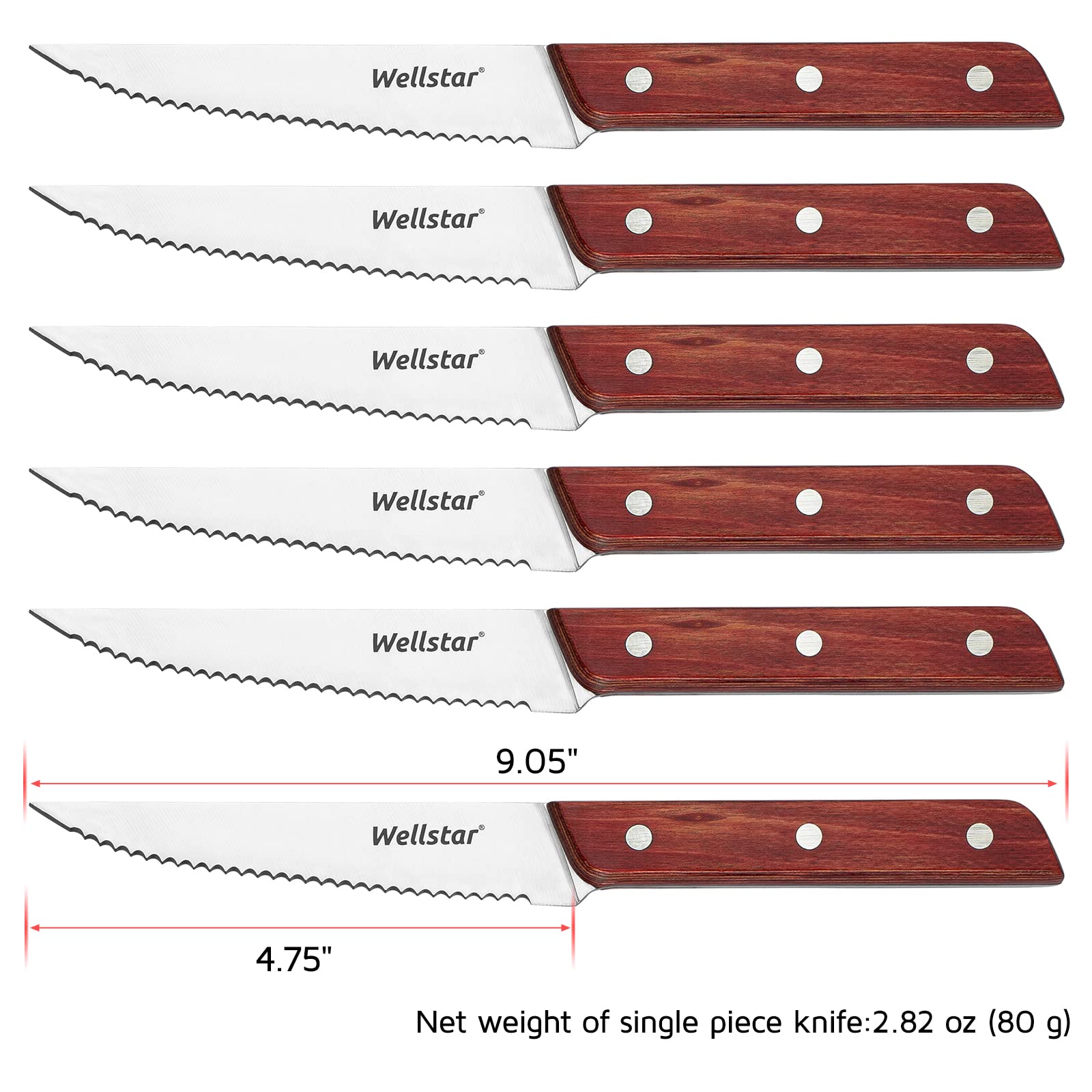 WELLSTAR Serrated Steak Knife Set of 6, Ultra Sharp Japanese Stainless Steel 4.5 inch Blade and Full Tang Pakkawood Handle Dinner Table Knives Pack for Home Kitchen Restaurant โ Triple Riveted