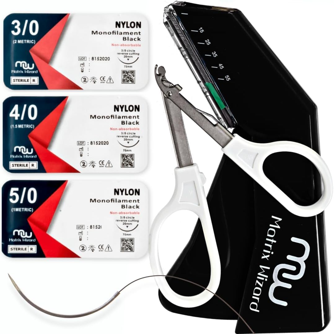 Sutures Thread with Needle Plus Disposable Stapler and Remover Training Tools - First Aid Field Emergency Practice, Trauma Survival Gear, Travel Prepping Practice, Camping Safety Kit