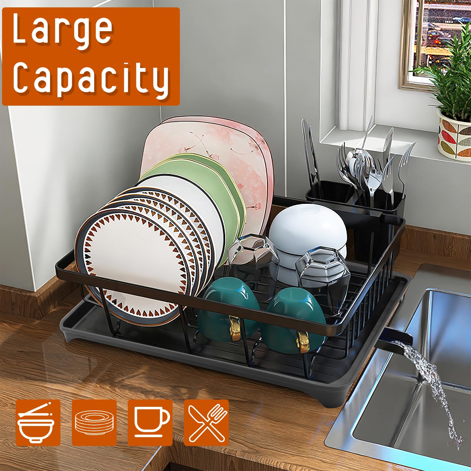 YZHDUXIU Dish Drying Rack, Large-Capacity Dish Rack with Automatic Drainboard, Dish Racks for Kitchen Counter, Durable Drying Rack for Countertop, Dish Drainer with Utensil Holder for Dishes, Spoons…
