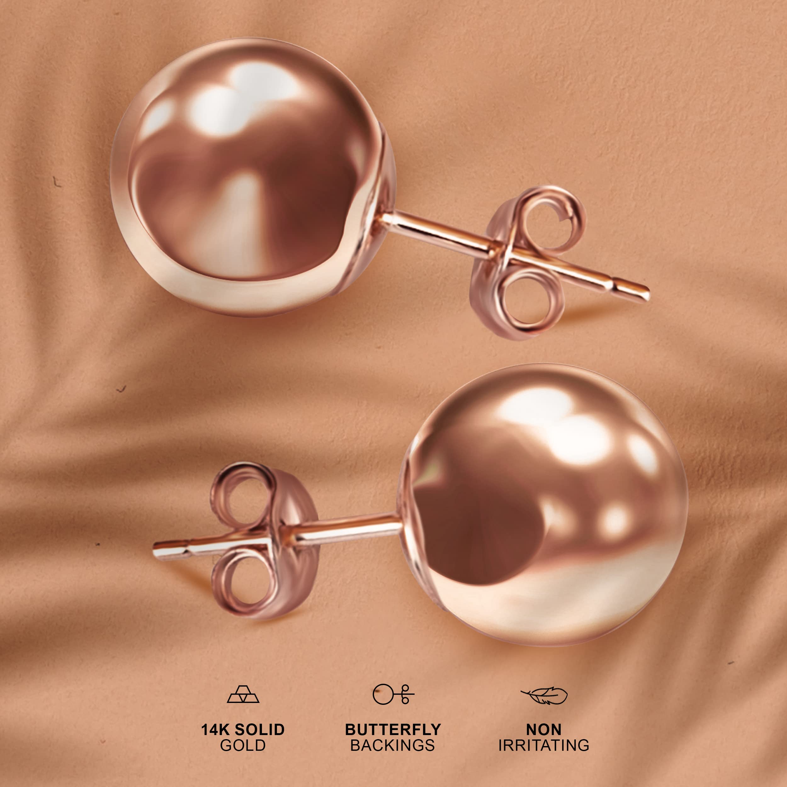 Pori Jewelers Premium 14K Rose Gold 8MM Ball Stud Earrings - Butterfly Backings