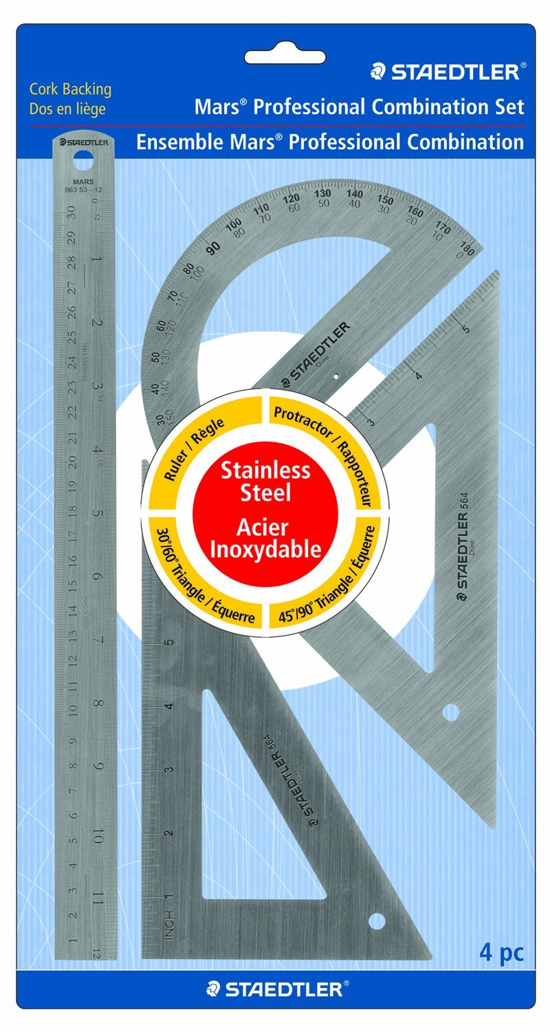 Staedtler Stainless Steel Math Set with Ruler, 2 Triangles, Protractor, 4 piece, 566 32BK
