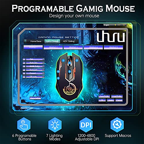 UHURU WM-02Z Wireless Gaming Mouse, 2.4G Wireless Rechargeable Mouse with 6 Programmable Buttons, 5 Adjustable Levels DPI Up to 4800DPI, 7 Colorful LED Lights, Compatible with Notebook, PC, Mac