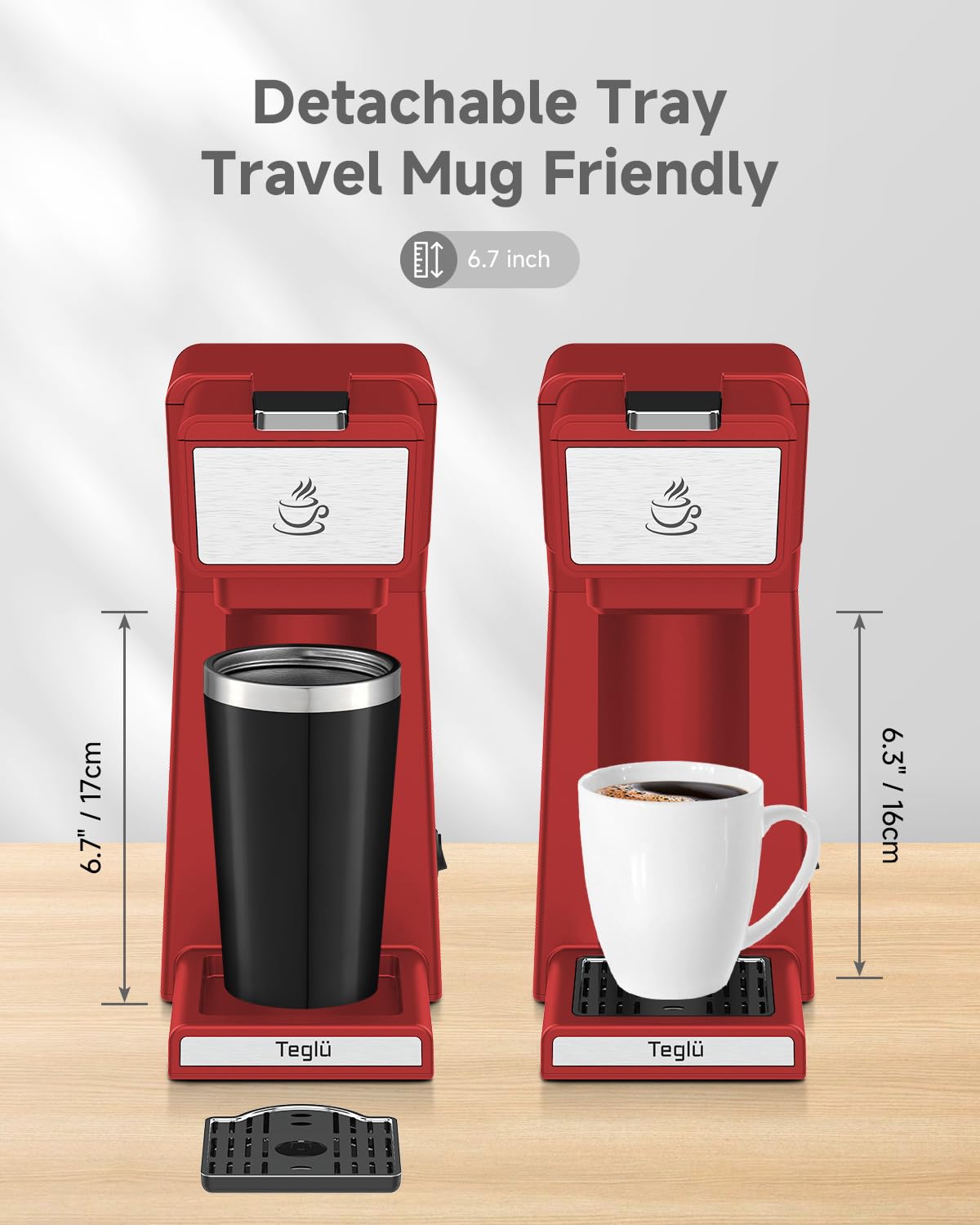 Teglu Single Serve Coffee Maker for K Cup & Ground Coffee, Single Cup Coffee Maker 6 to 14 oz, Fits Travel Mug 6.7", CM-206, Red
