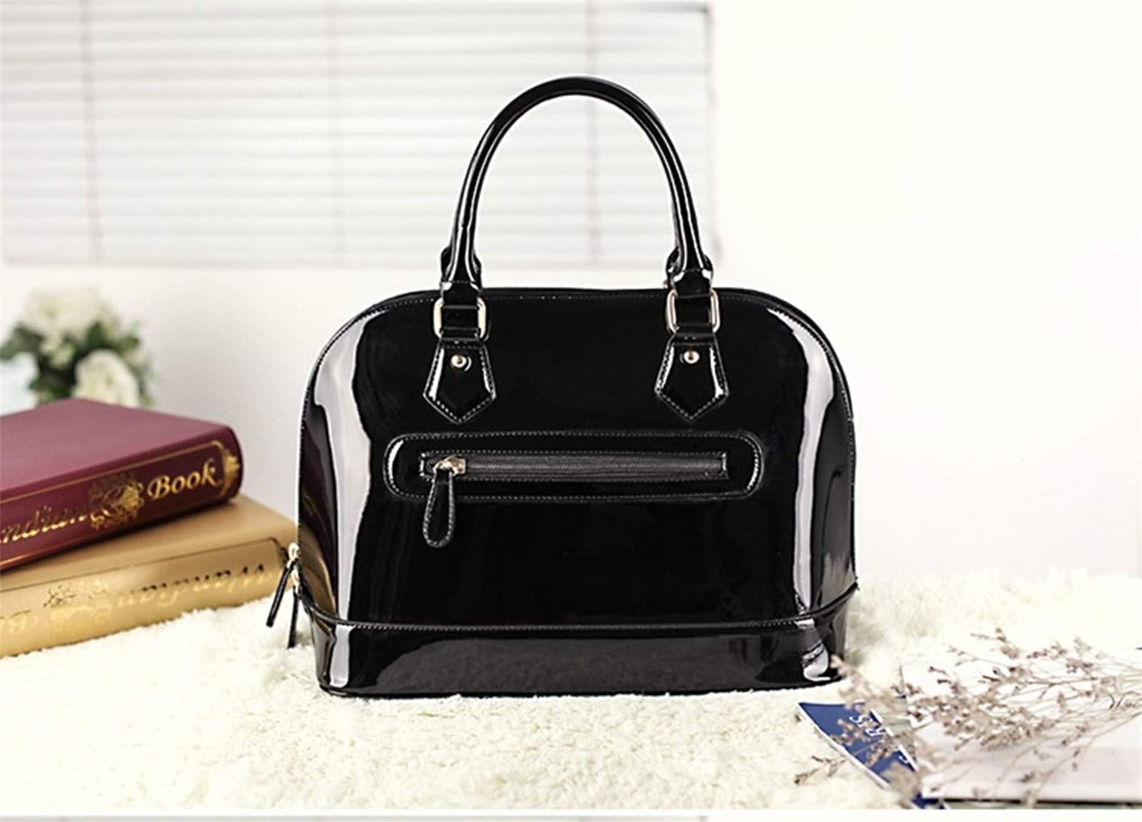 Womens Patent Leather Zip-Around Classic Dome Satchel Top-Handle Handbags Purses Shell Bag Black