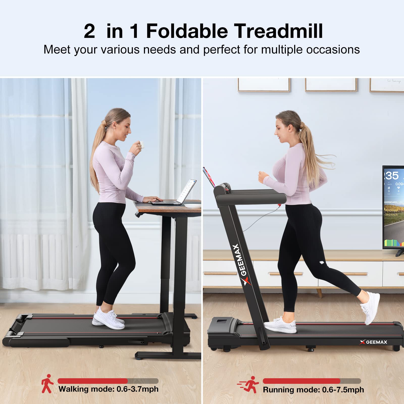 X GEEMAX Geemax 2 in 1 Under Desk Electric Treadmill, 3.0 HP Foldable Walking Running Pad Treadmill for Home Office, 100% Assembled with Bluetooth Speaker, App Control, 12 Preset Programs Black